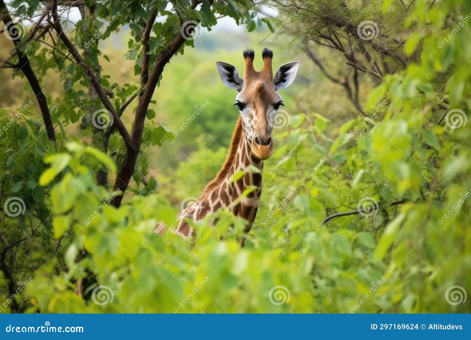 A Giraffe Browsing Leaves from Tall Trees Stock Photo - Image of animal ...
