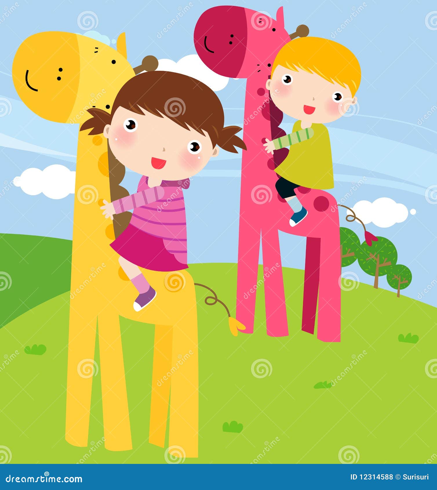 Giraffe and children stock vector. Illustration of pink - 12314588