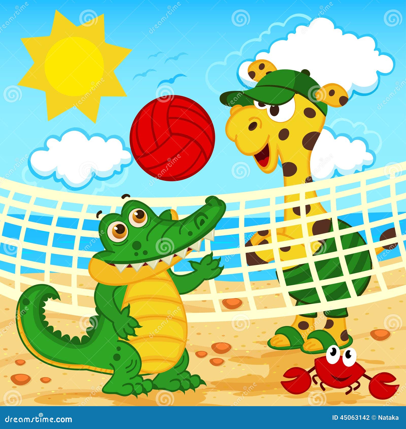 Giraffe Crocodile Playing In Beach Volleyball Vector Illustration ...