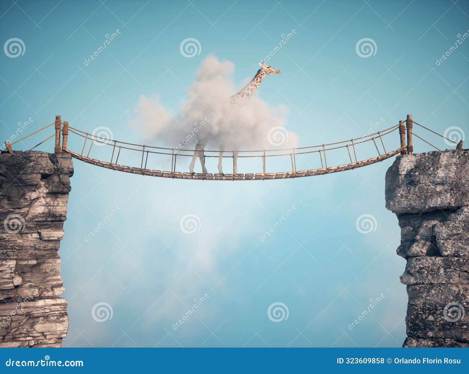 Giraffe Crossing a Suspension Bridge between Two Rocks Stock ...