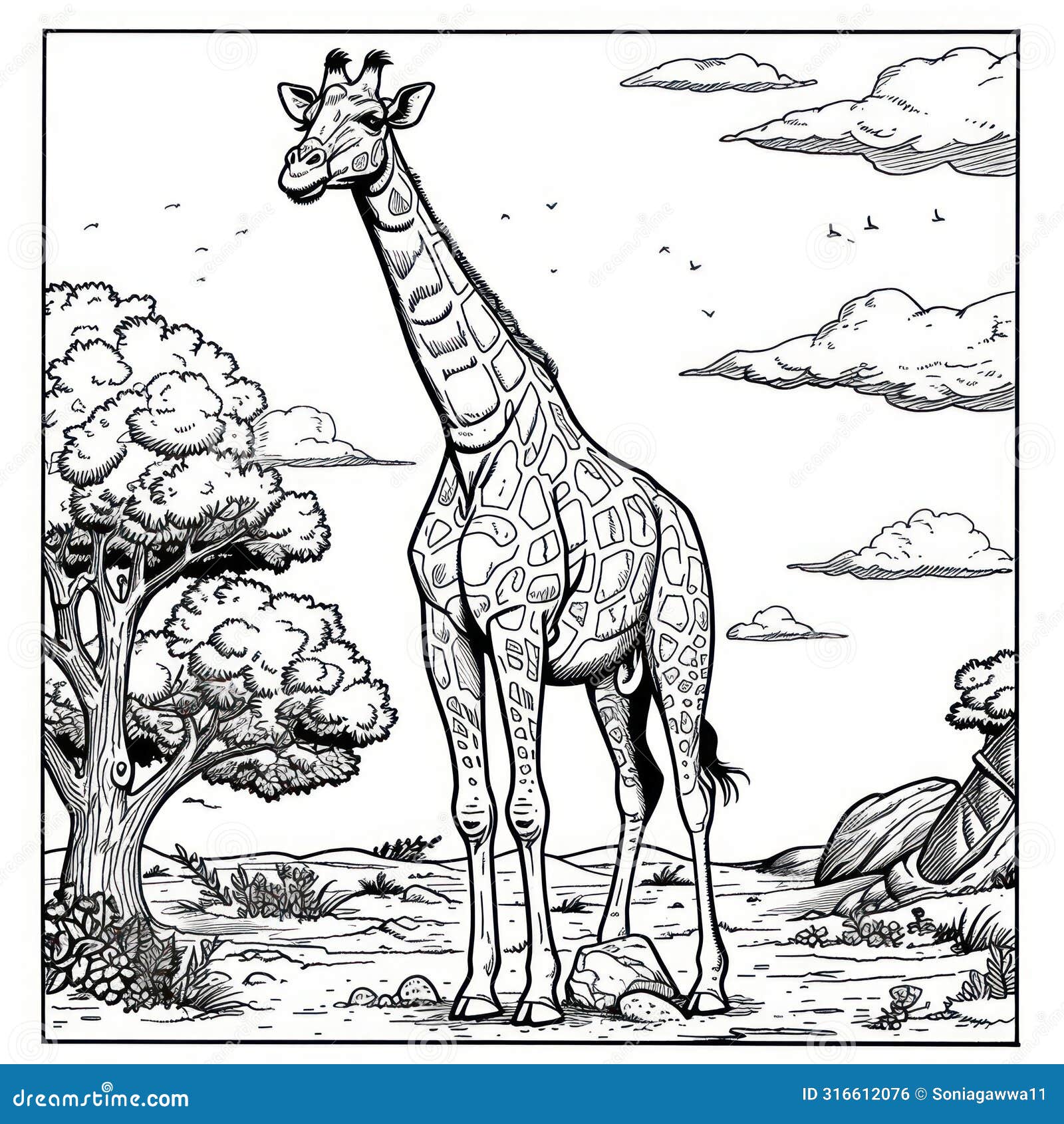 Giraffe Drawing Coloring Book Page Stock Illustration - Illustration of ...