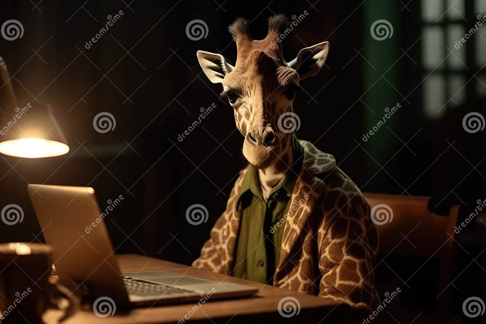 Giraffe Dressed Working at Night Sitting with Lamp Having a Lot of ...