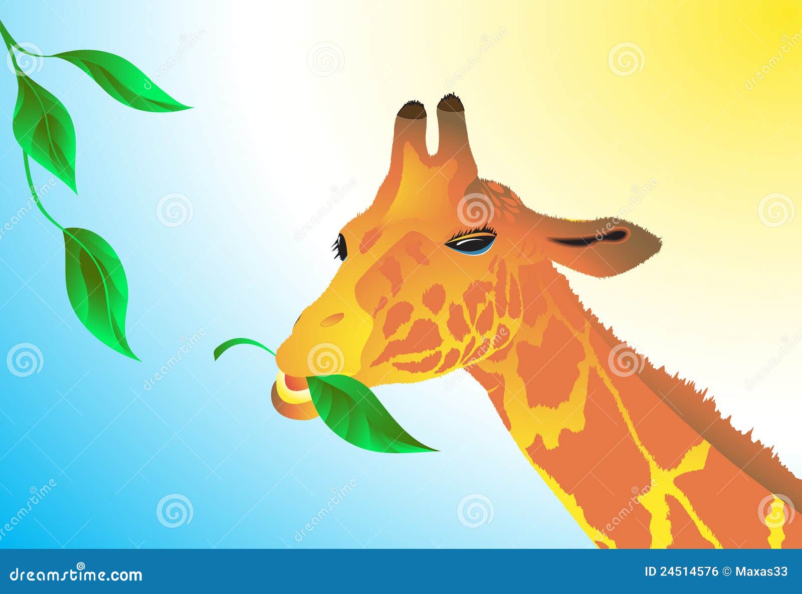 The Giraffe Eats Green Leaves. Vector. Stock Vector - Illustration of ...