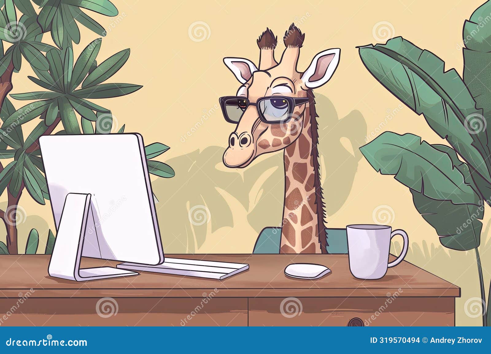 A Giraffe with Glasses Sits at a Computer, Typing Away Stock ...