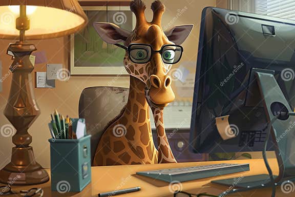 Giraffe with Glasses Sitting in Front of a Computer and Typing on the ...