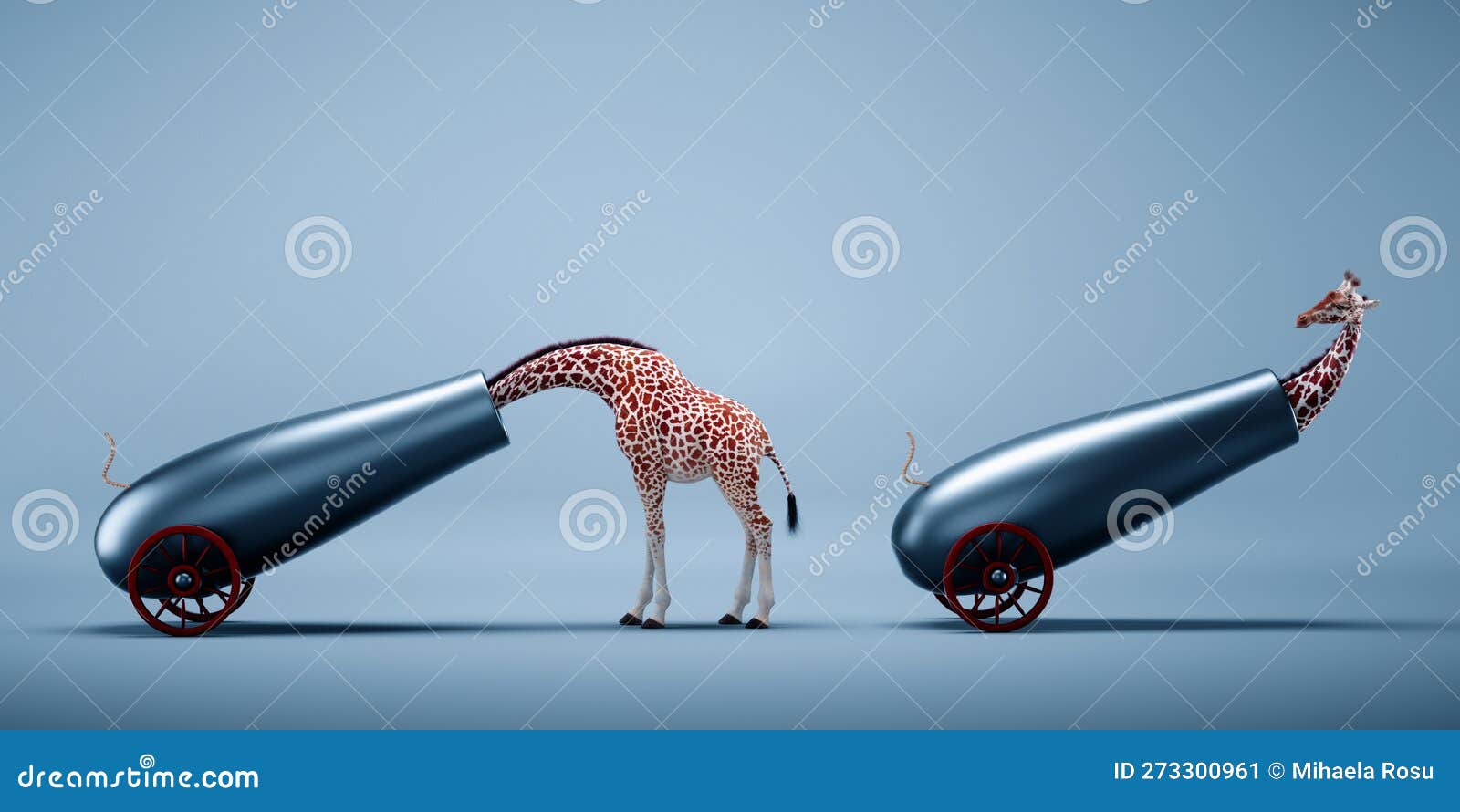 Giraffe with Head into Cannon. Curiosity and Karma Concept Stock ...