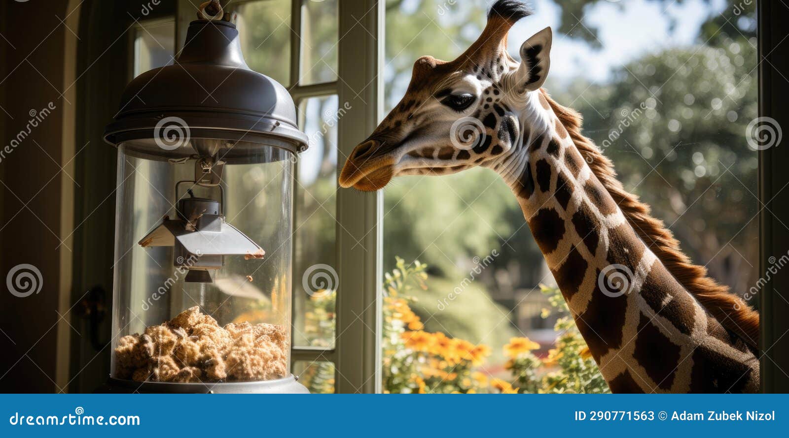 A Giraffe Looking at a Bird Feeder Stock Illustration - Illustration of ...