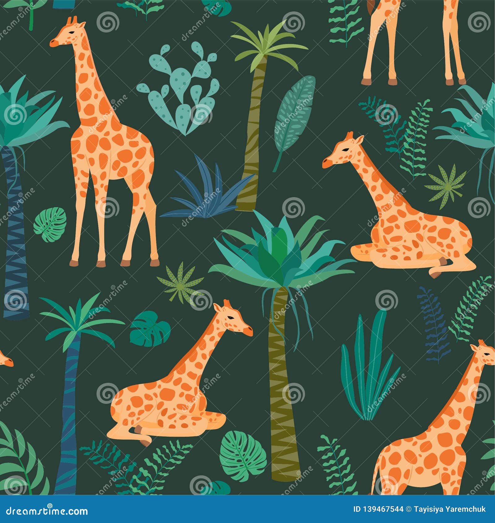 Giraffe Pattern With Tropical Leaves. Vector Seamless Texture ...