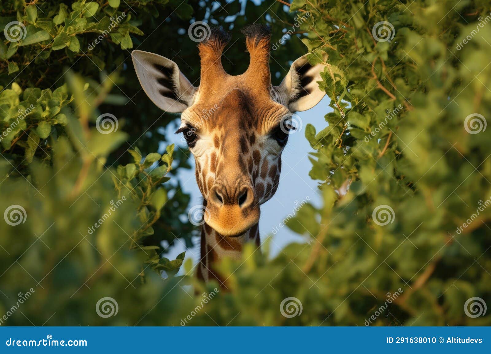 Giraffe Peeping from Behind a Small Tree Stock Photo - Image of safari ...
