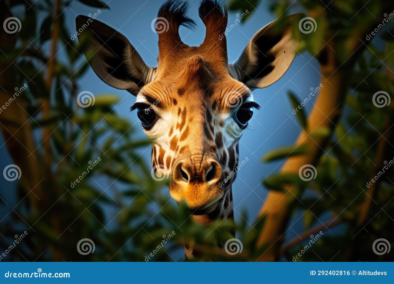 Giraffe Peeping from Behind a Small Tree Stock Photo - Image of ...