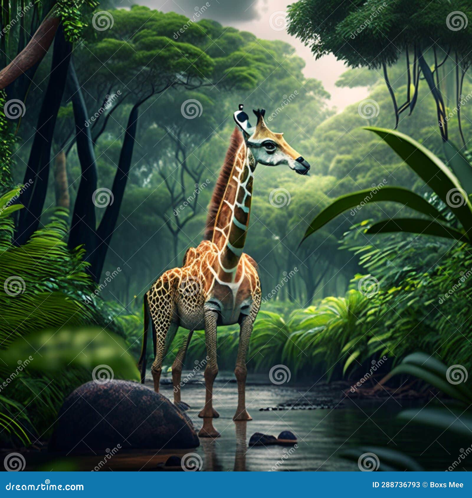 Giraffe in the Rainforest. Panoramic Image Stock Illustration - Illustration of wild, generative ...