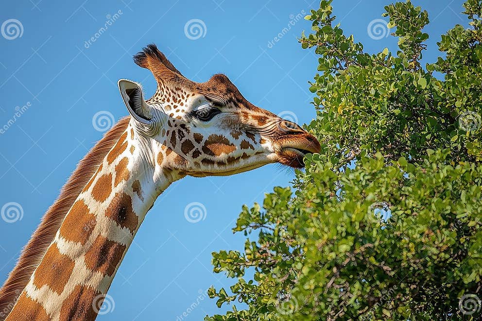 Giraffe Reaching for Leaves in Tree Stock Illustration - Illustration ...