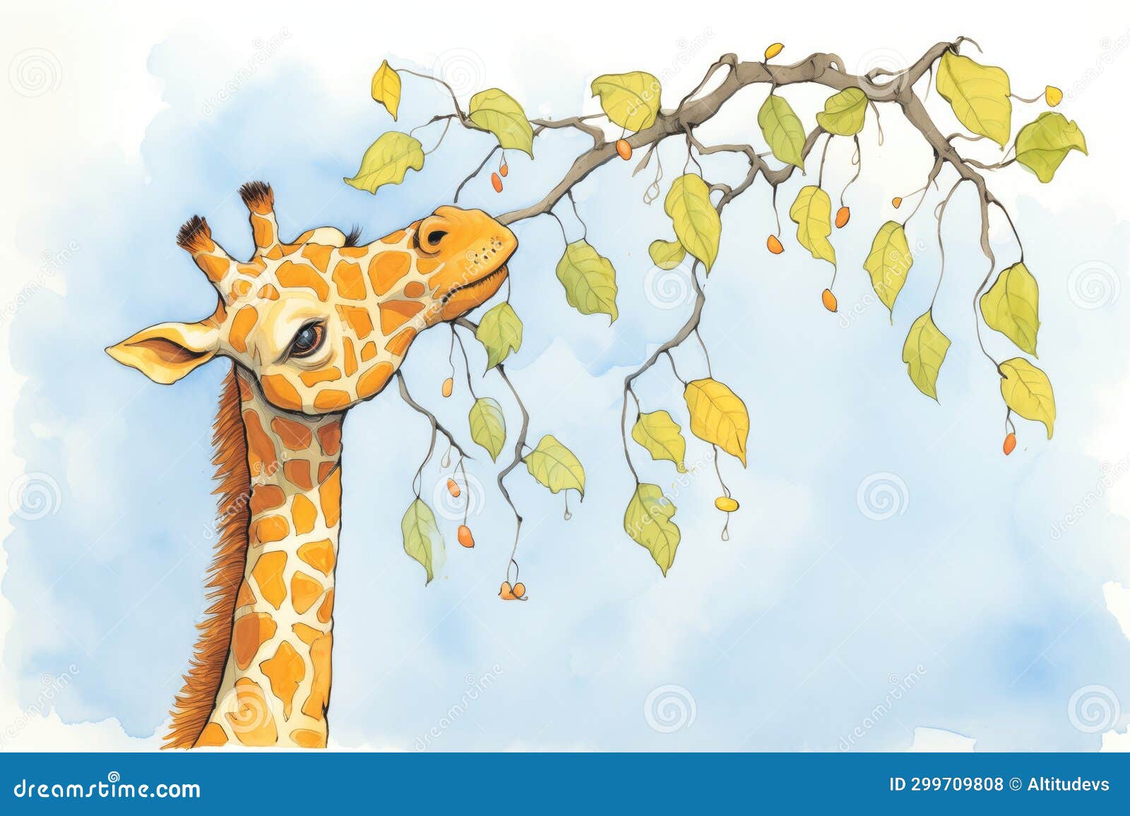 A Giraffe Reaching Up To Eat Leaves from a Tree Stock Illustration ...