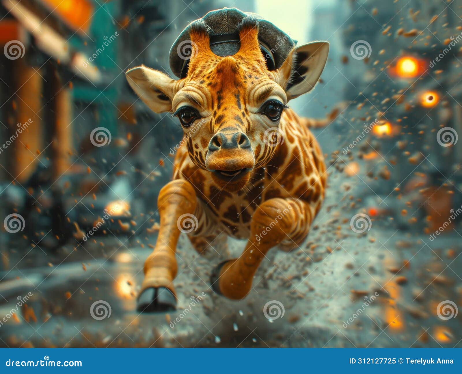 Giraffe Running through the Streets of City with Helmet on Stock Image ...