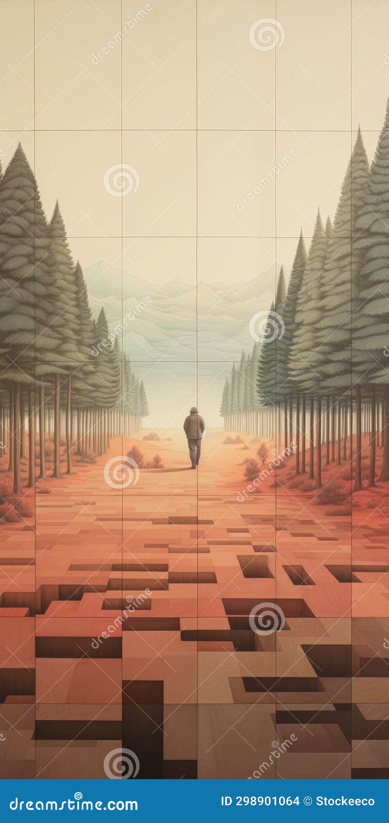 Geometric Optical Illusion Wall Mural with Trees and Man Stock ...