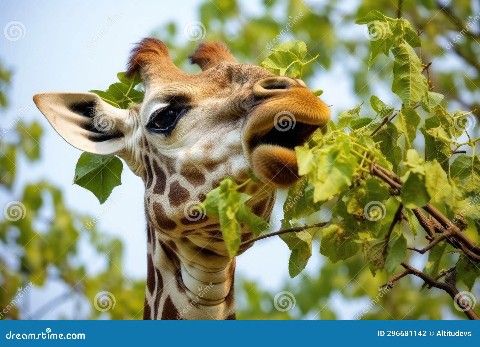 A Giraffe Stretching Its Neck To Eat Leaves from a Tree Stock Photo ...