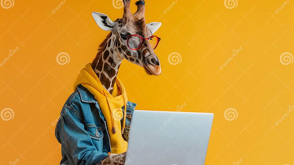 Giraffe in Suit and Glasses at the Computer Stock Image - Image of neck ...