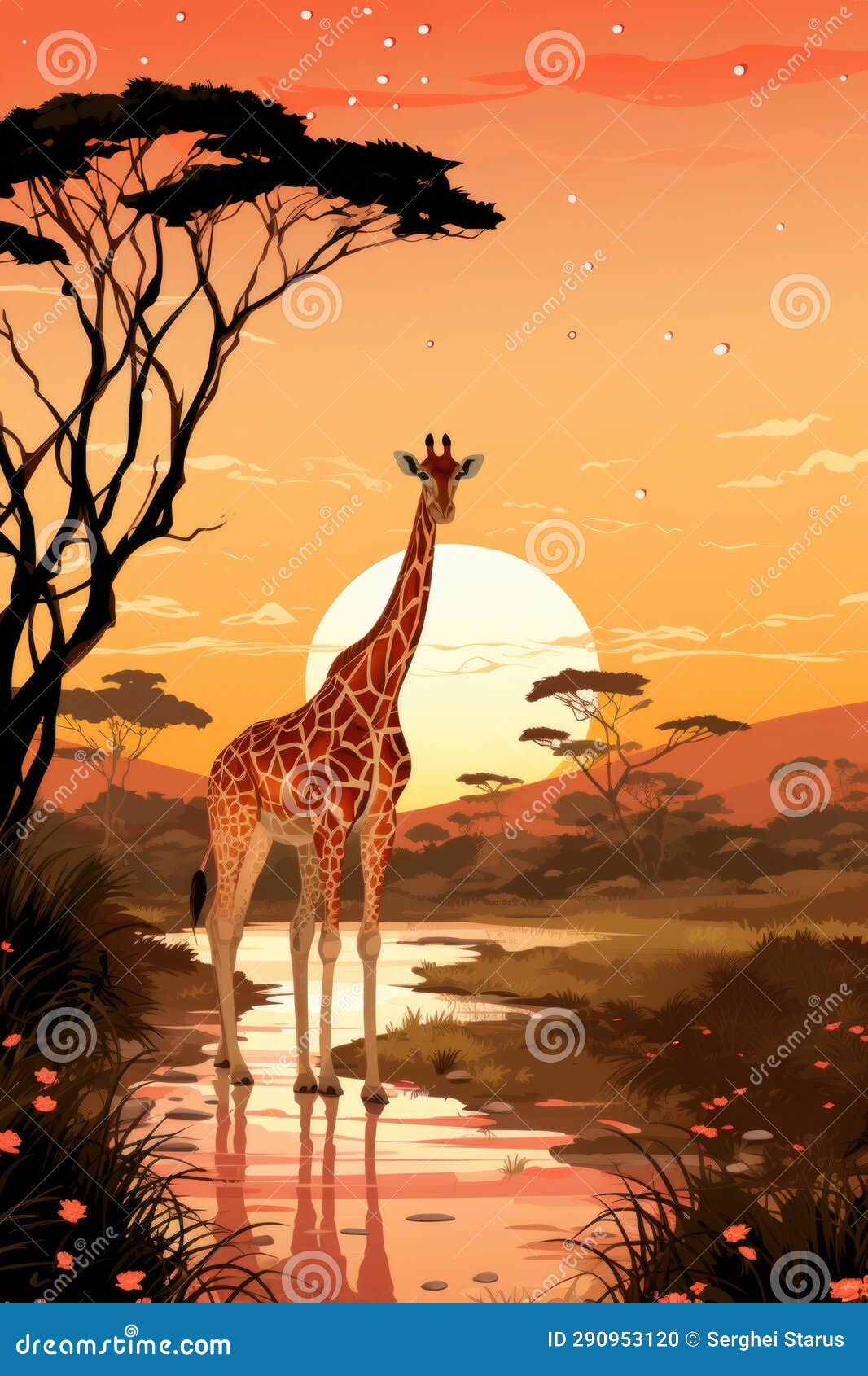 Giraffe in the Sunset, Illustration, AI Stock Illustration ...