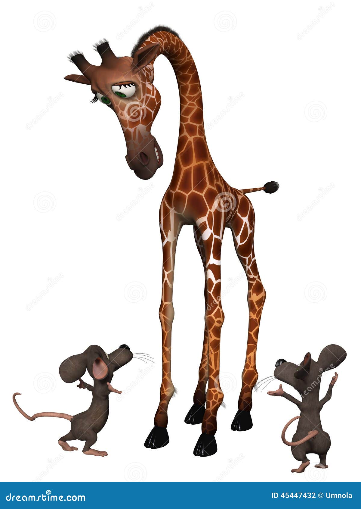 Giraffe with Two Cartoon Mice. Tall Small Concept Stock Illustration ...