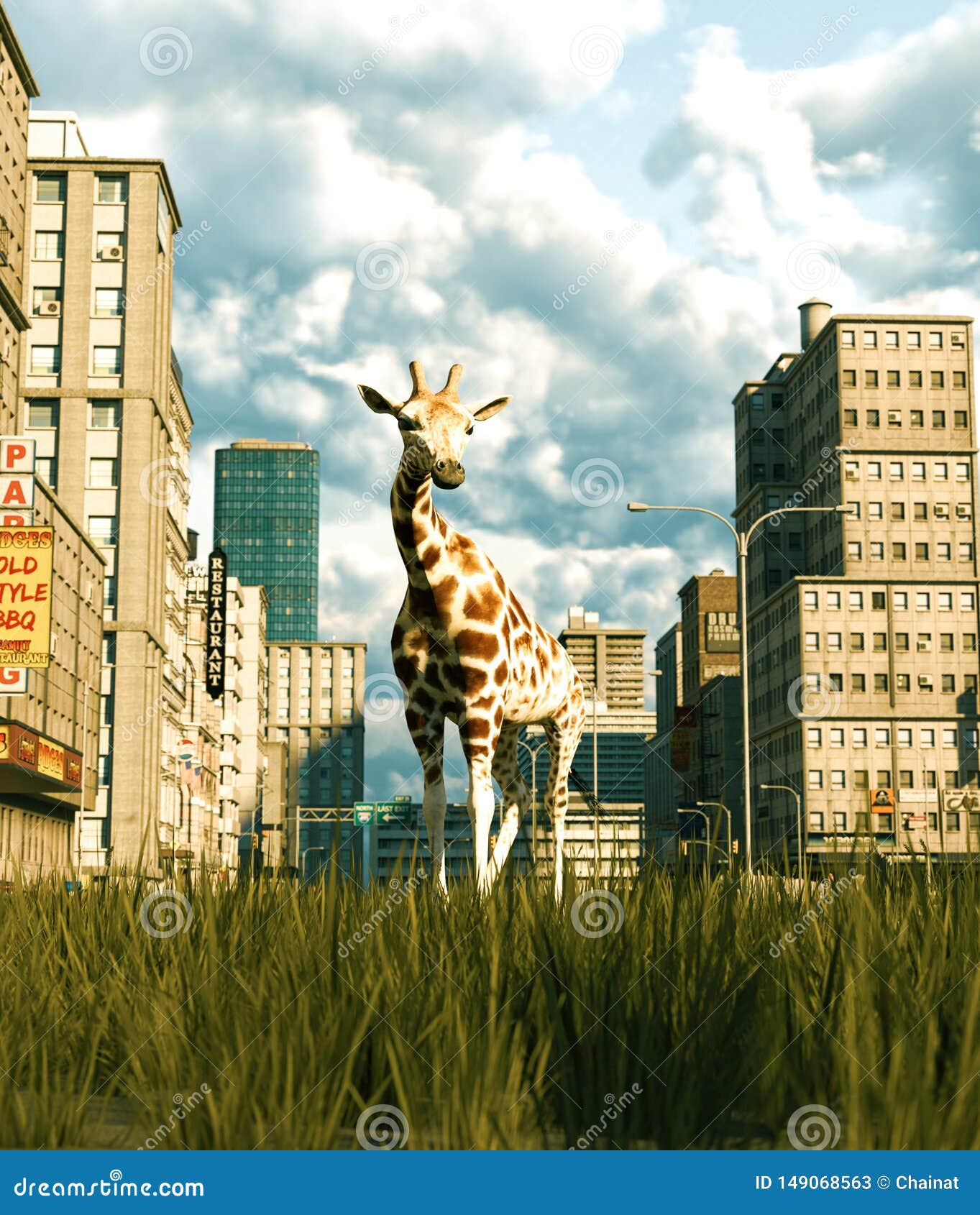 Giraffe Walking in Grass Field in Abandoned City Stock Illustration ...