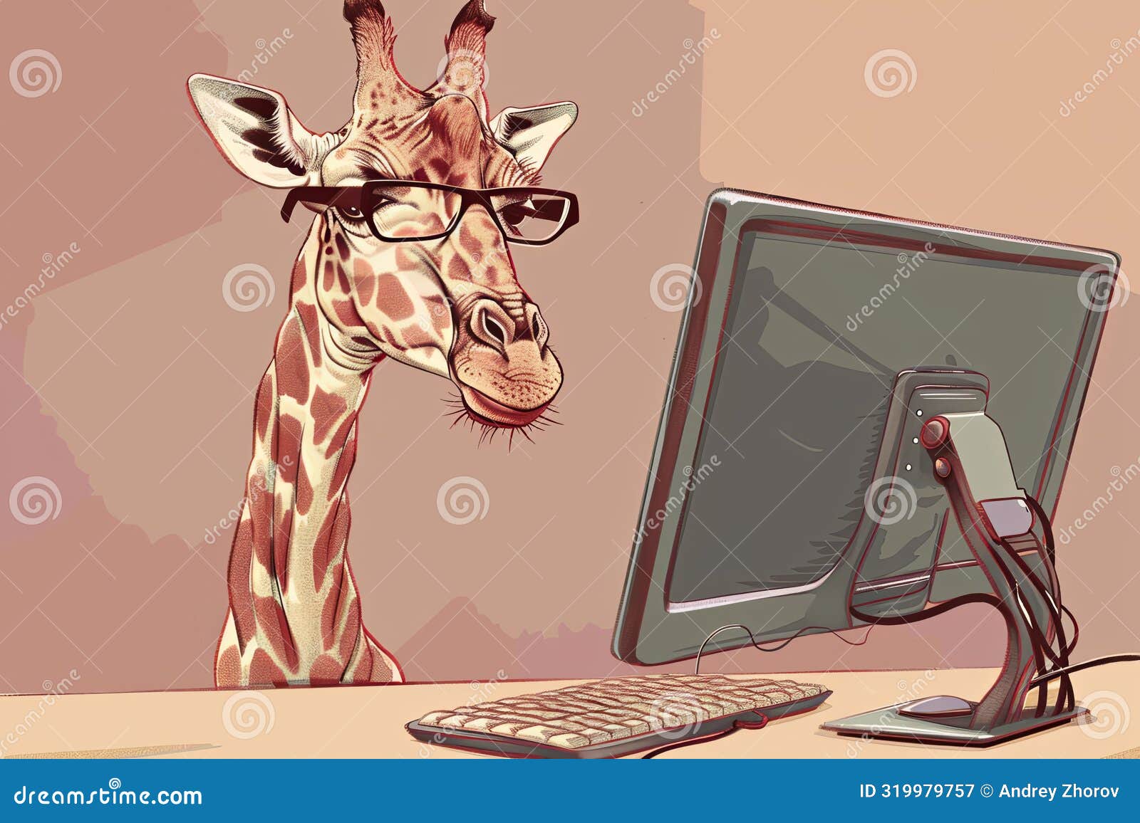 A Giraffe Wearing Glasses is Focused on a Computer Screen, Typing Away ...