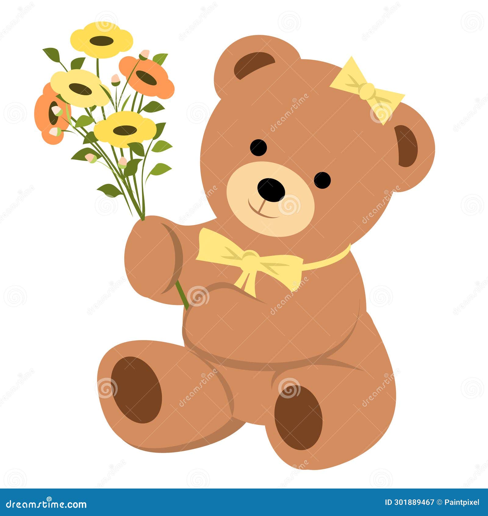 Girk Teddy Bear Holding Flowers Clipart Stock Vector Illustration Of