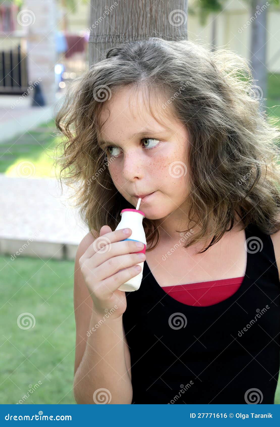 Girl 12 Years Drinking with Straw Outside Stock Photo - Image of lady ...