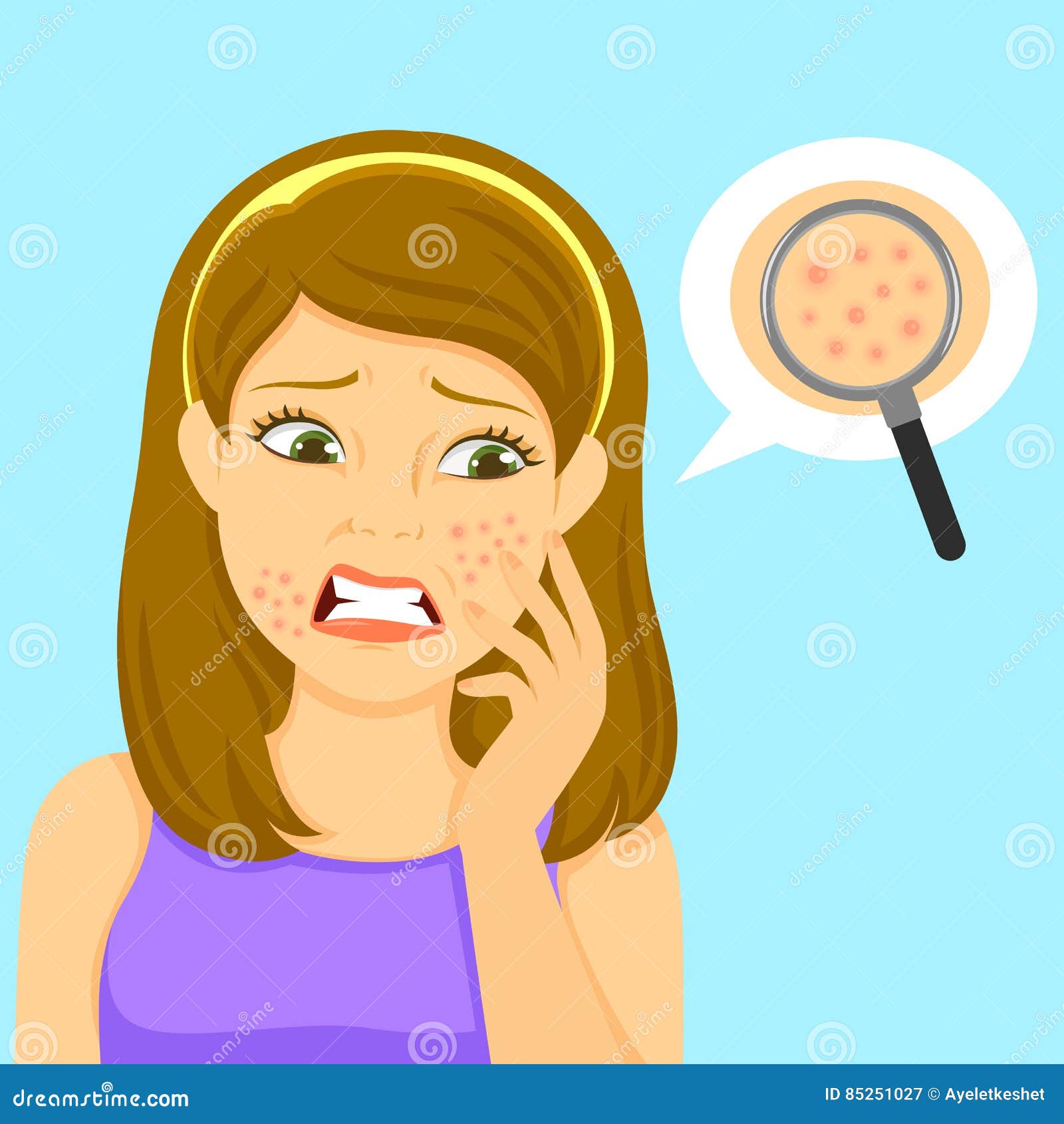 Girl With Pimples On Her Face And Skin Face Icons Set Cartoon Vector ...