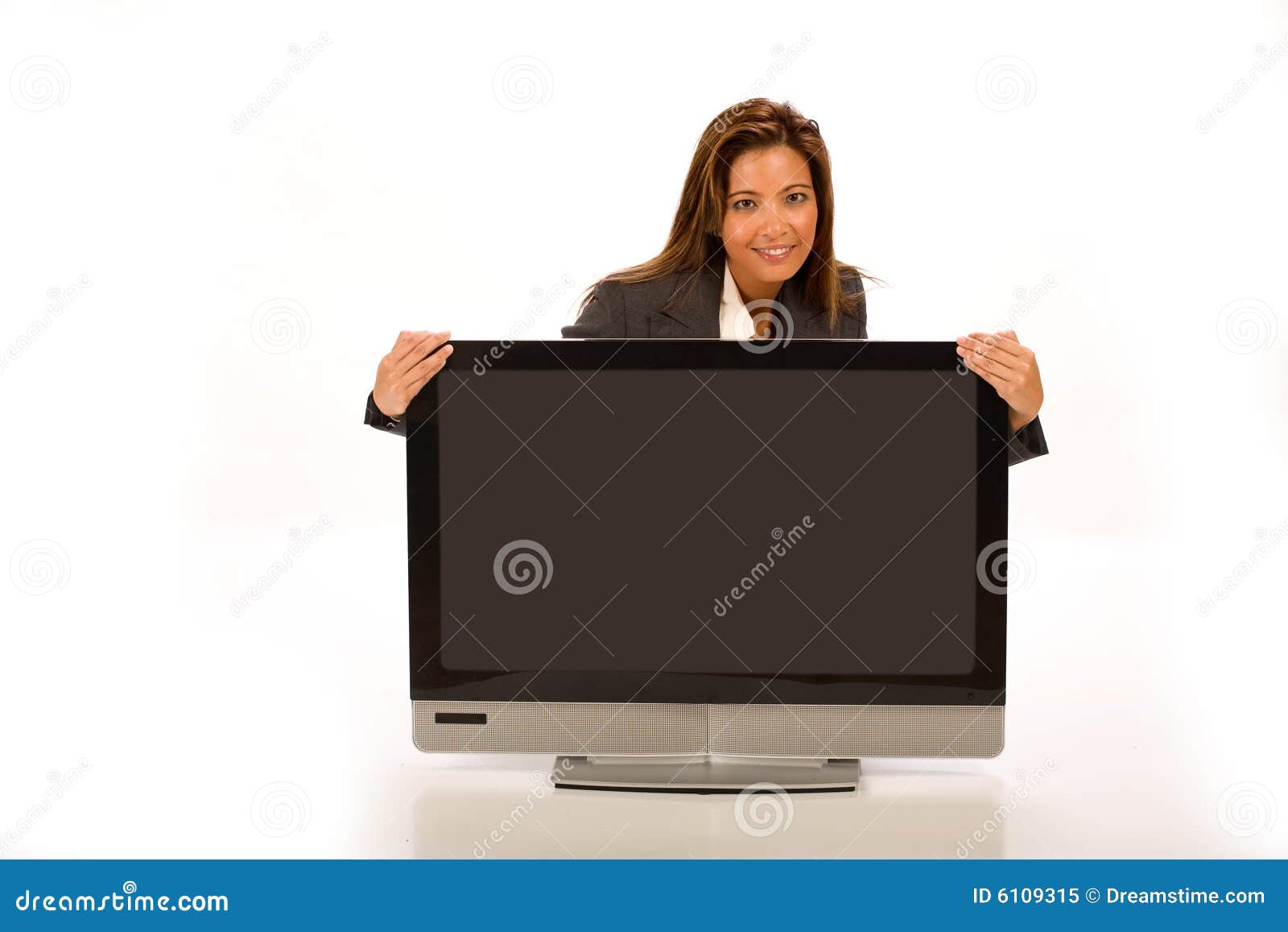 Girl advertising plasma TV stock image. Image of promoter - 6109315