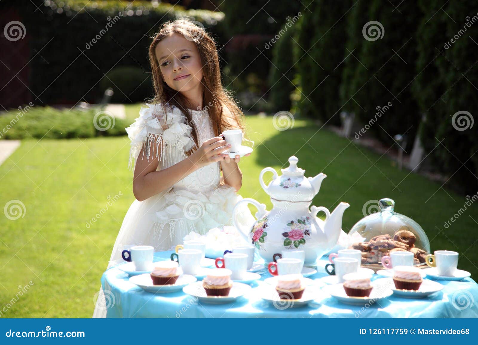 Girl Alice. Little Alice is Drinking Tea. Stock Image - Image of female ...