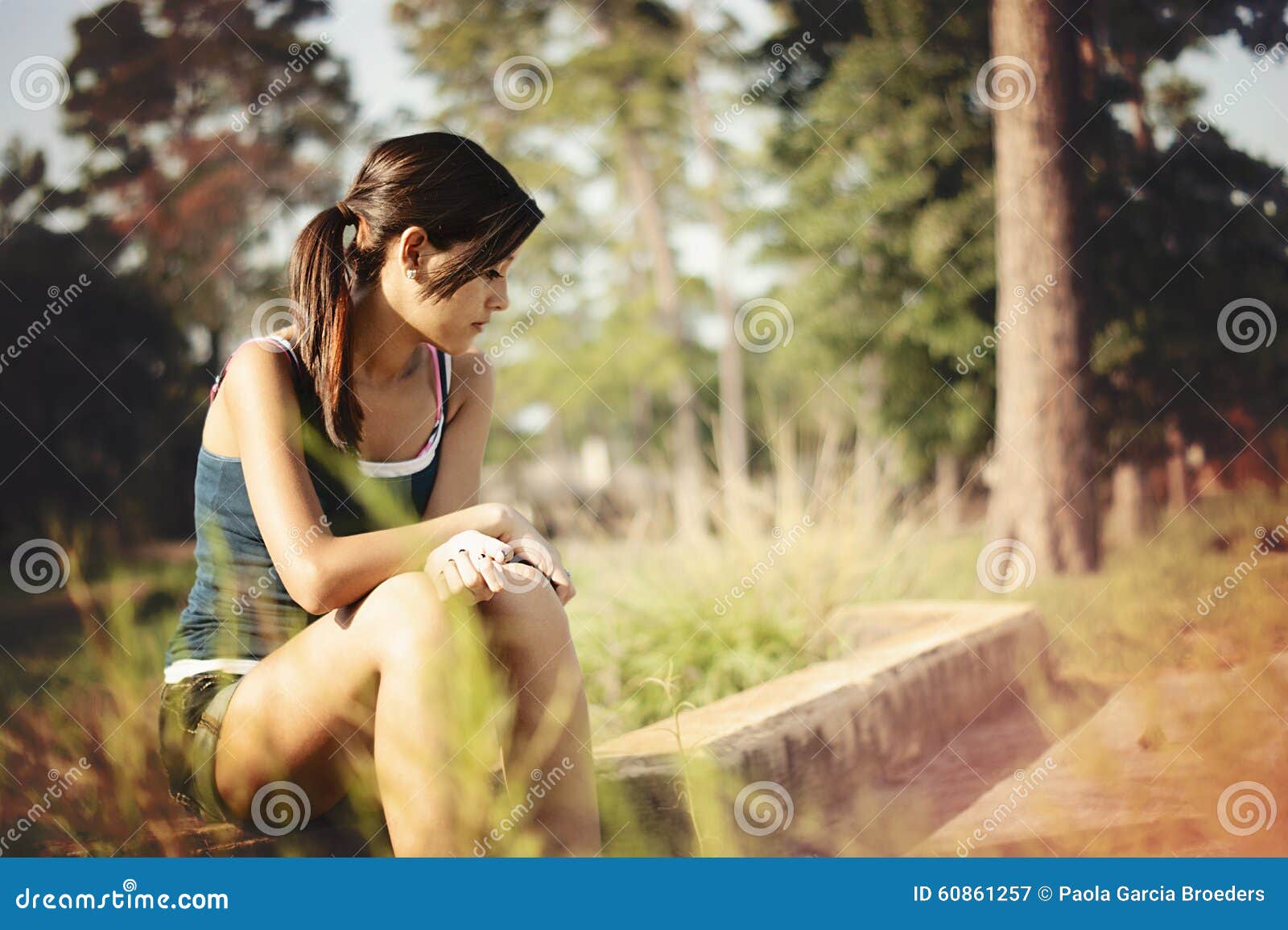 Girl Alone Thinking in a Park Stock Image - Image of hispanic, face ...
