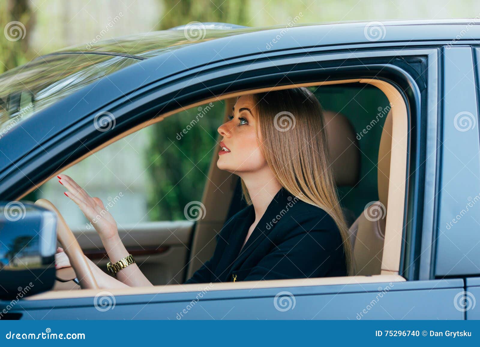 Girl Angry Gesture Look on Back Mirror Stock Photo - Image of hire ...
