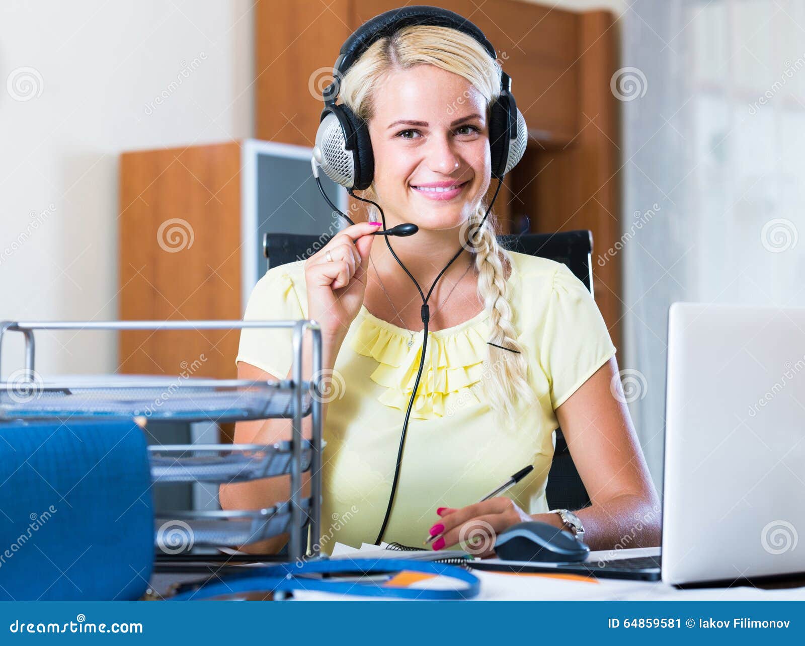 Girl Answering the Call of Technical Support and Smiling Stock Image ...