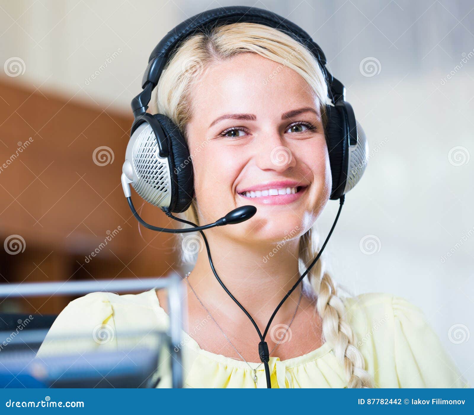 Girl Answering the Call of Technical Support and Smiling Stock Photo ...