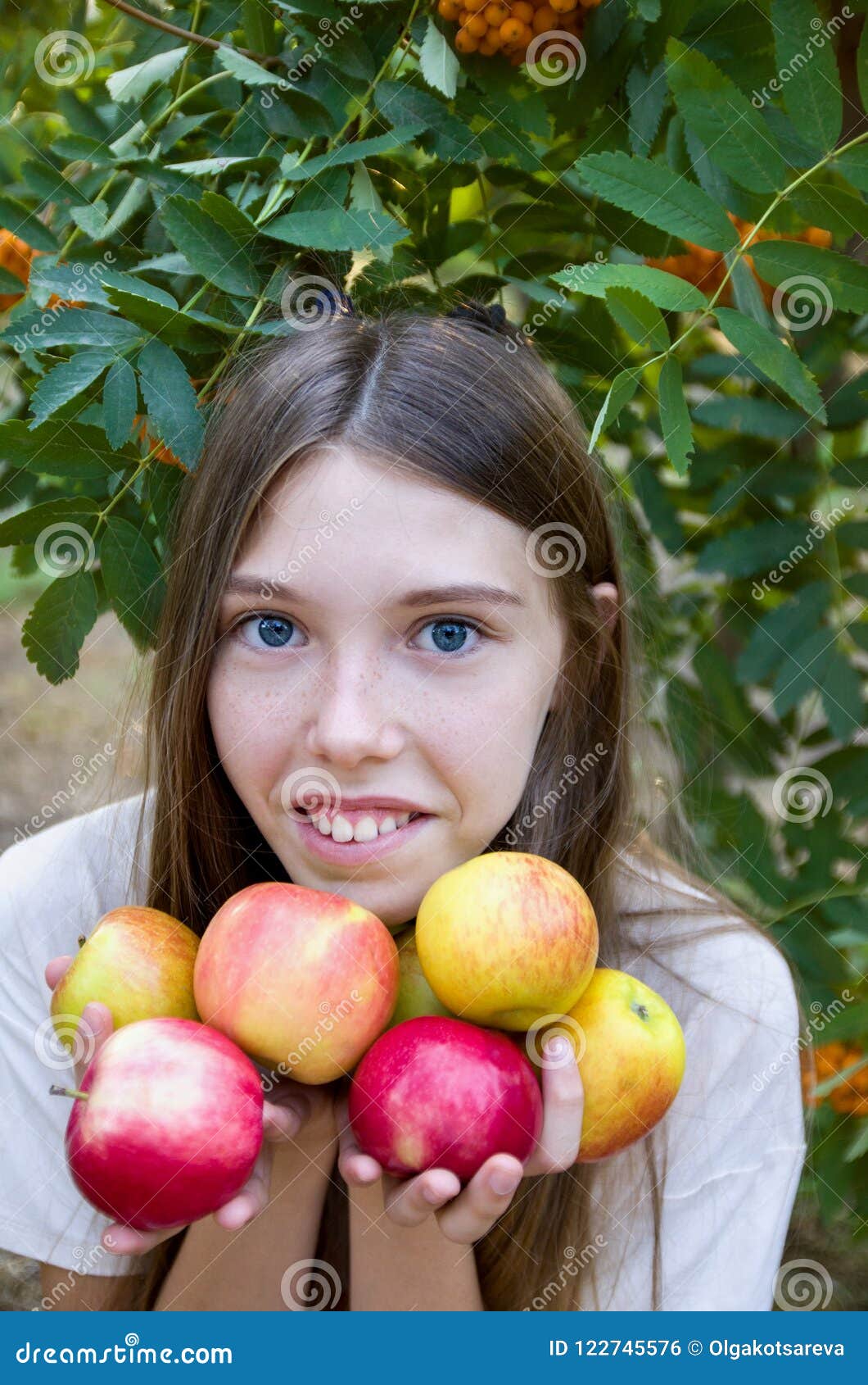 Girl With Apples Portrait Girl Is Happy Ripe Red Apples Harvest