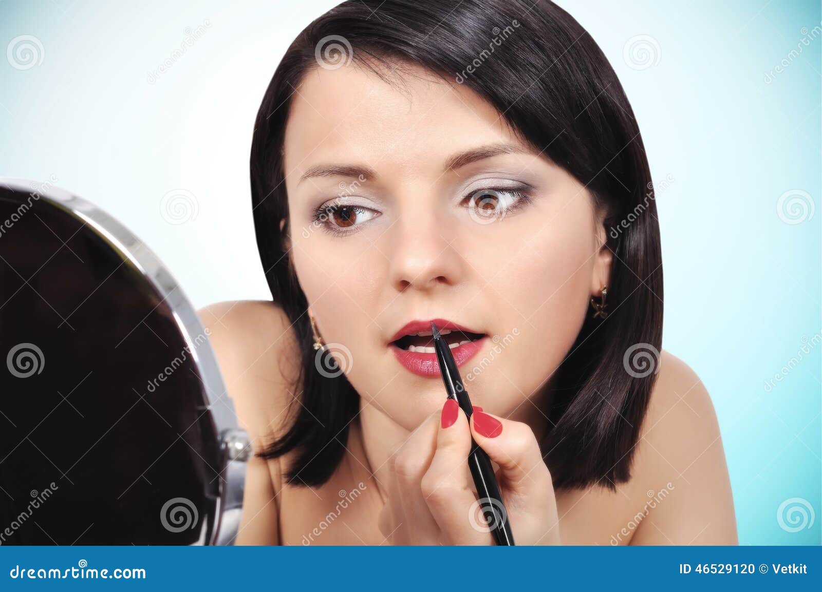 Girl Applying Lipstick on Lips Stock Photo - Image of lipstick, lashes ...