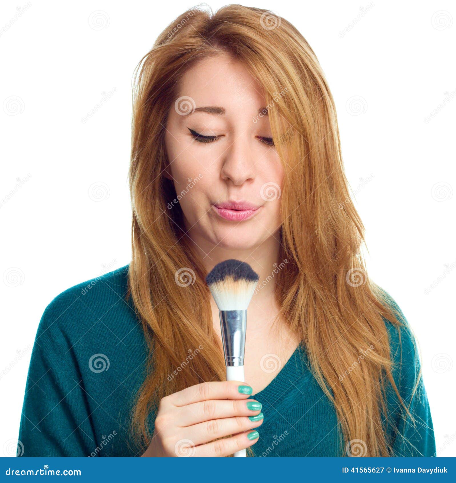 Girl is Applying Makeup Using Brush Stock Image - Image of clean ...