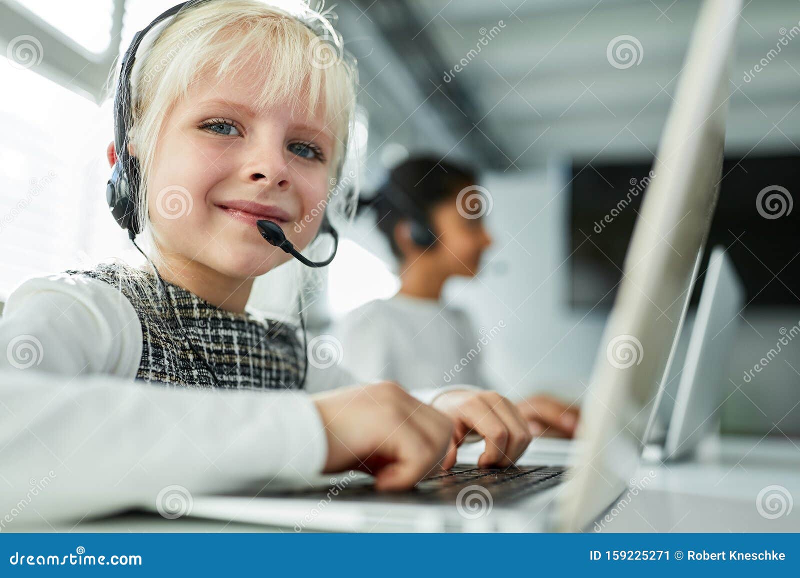 Girl As a Student at the Computer with a Headset Stock Image - Image of ...