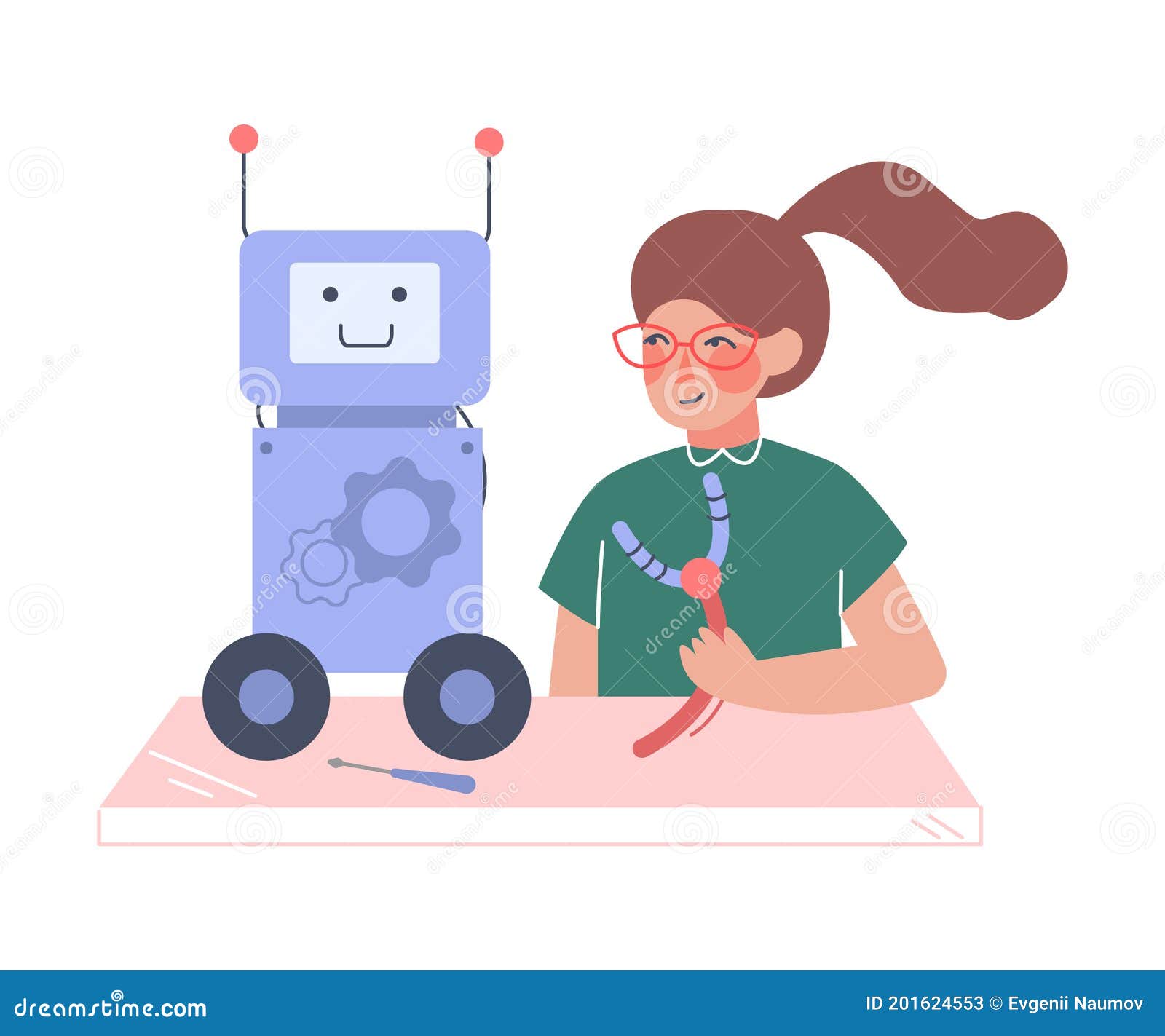 Girl Assembling and Programming Robot, Young Engineer Character Working ...