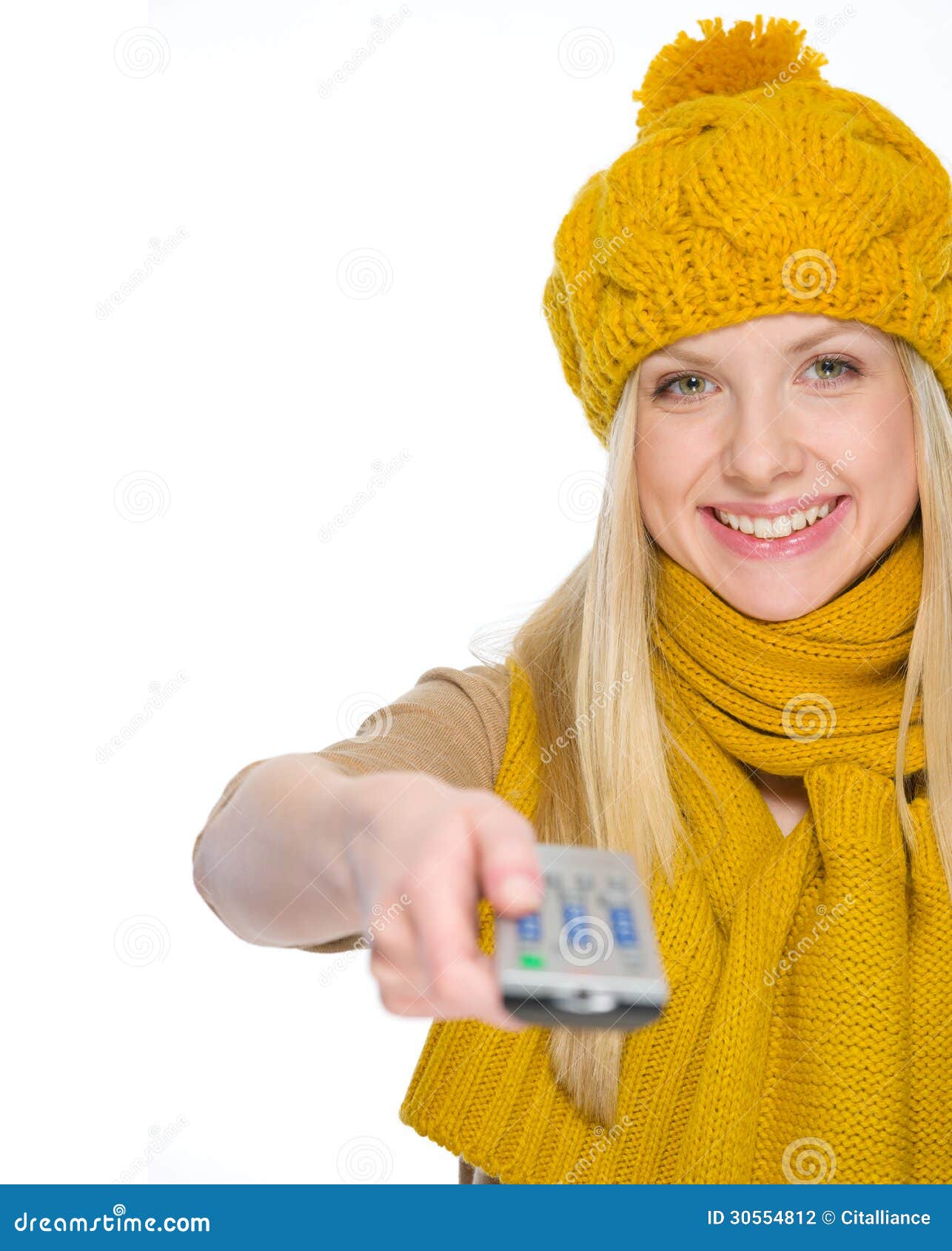 Girl in Autumn Clothes Using Tv Remote Control Stock Photo - Image of ...