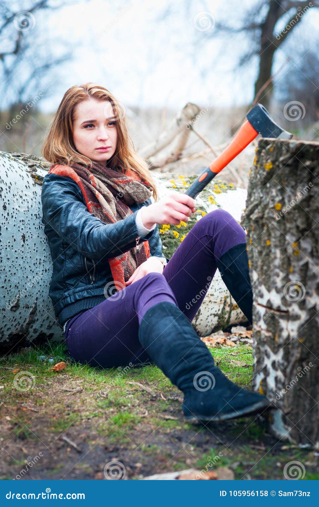 Girl with axe. stock photo. Image of beautiful, autumn - 105956158