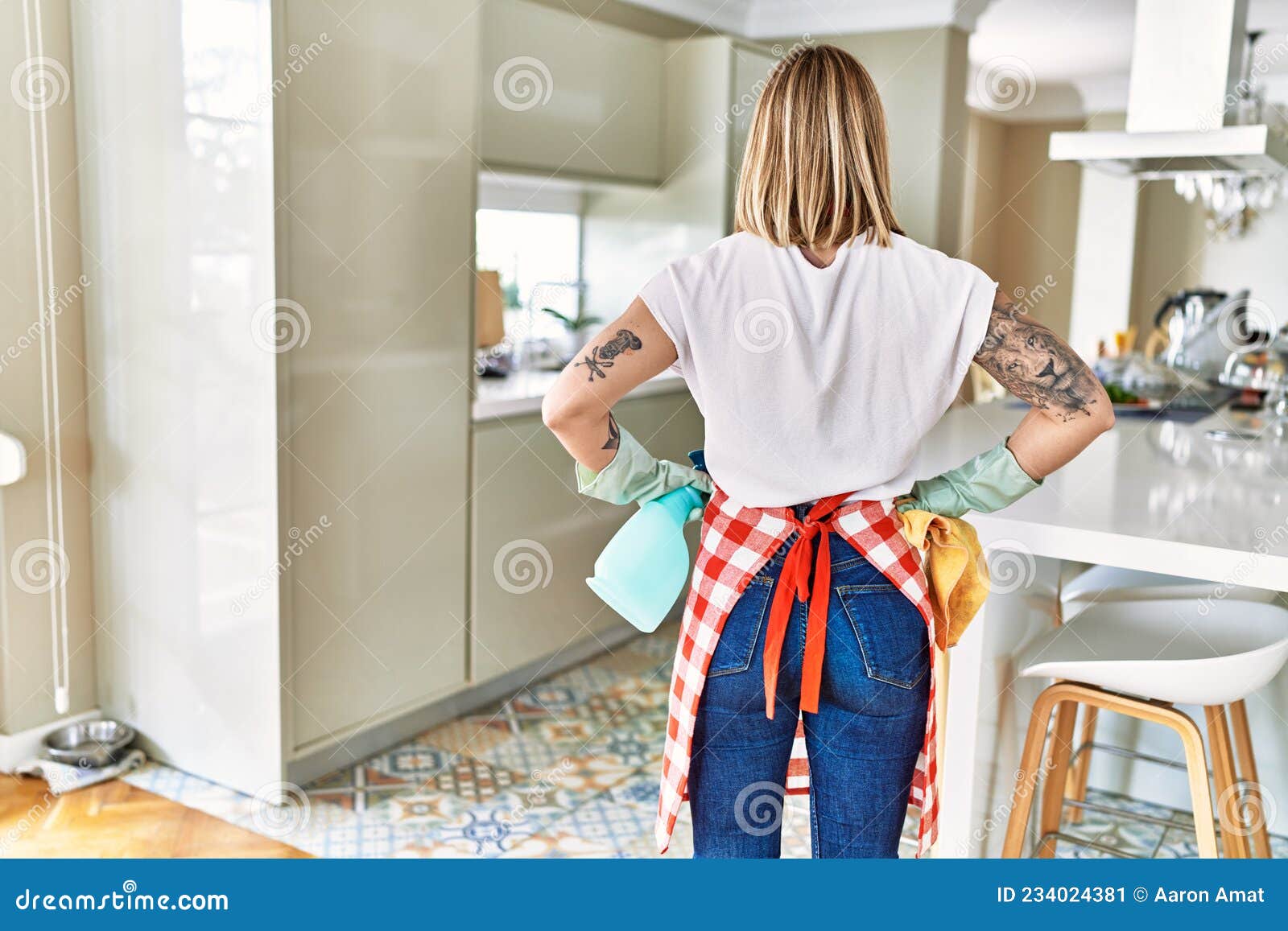 Girl on Back View Standing Looking Kitchen To Clean Stock Image - Image ...