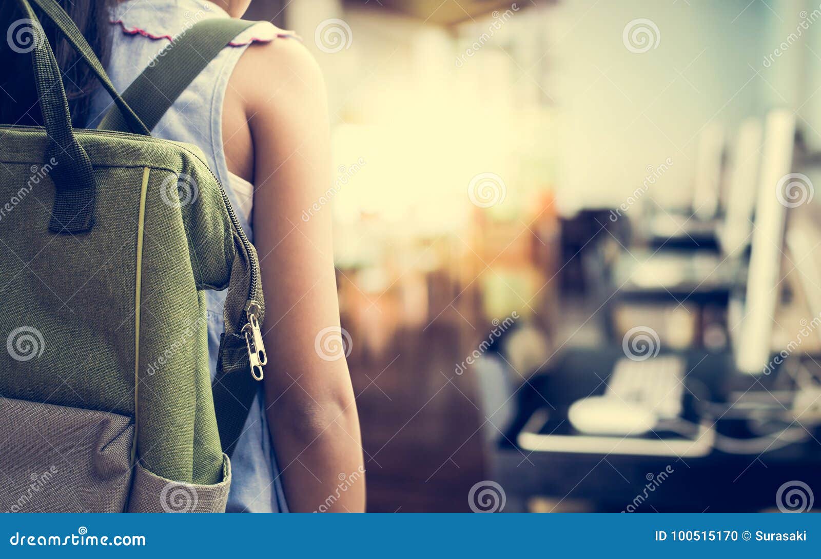 Girl with Backpack Entering To Computer Classroom. Stock Photo - Image ...