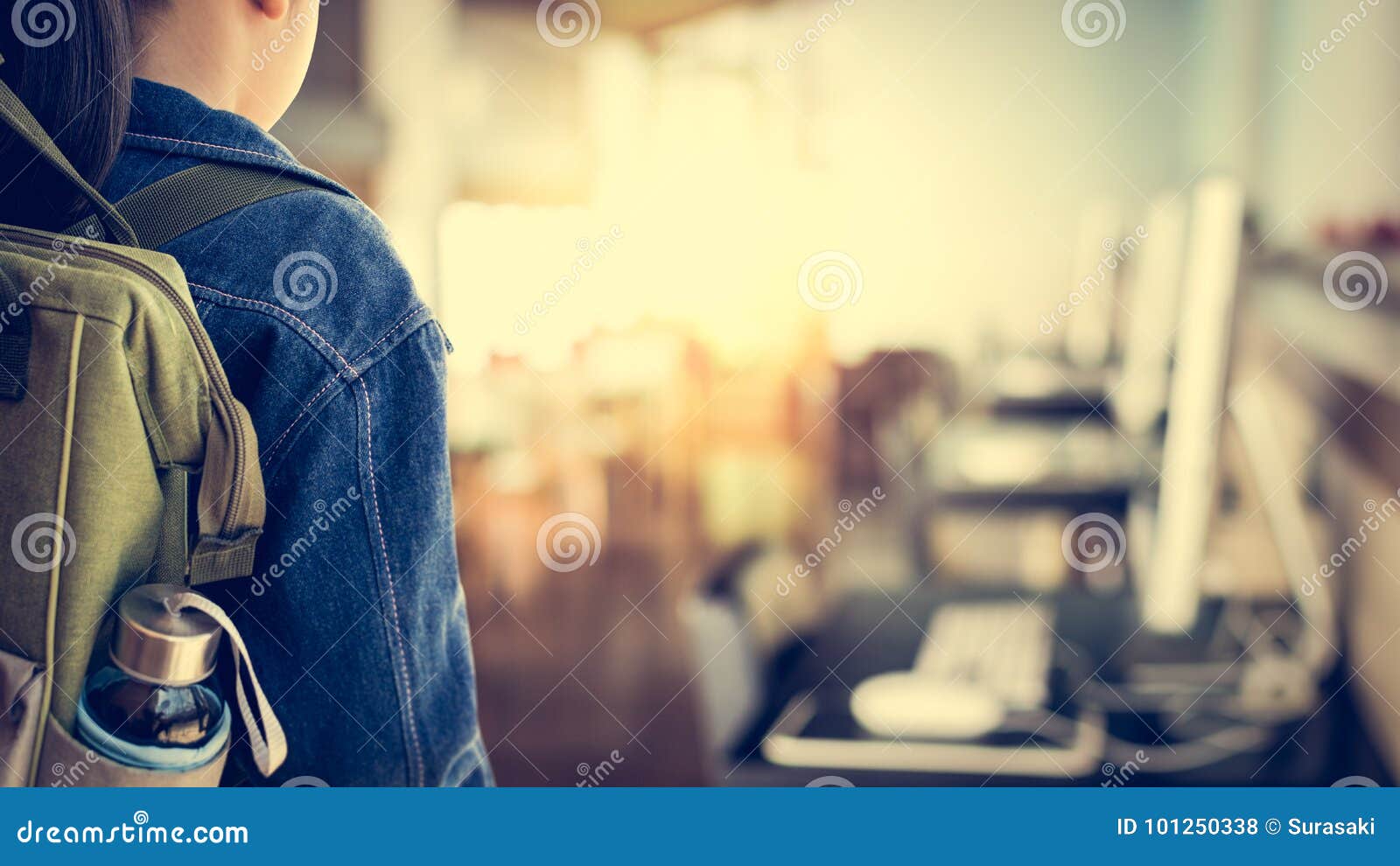 Girl with Backpack Entering To Computer Classroom. Stock Photo - Image ...