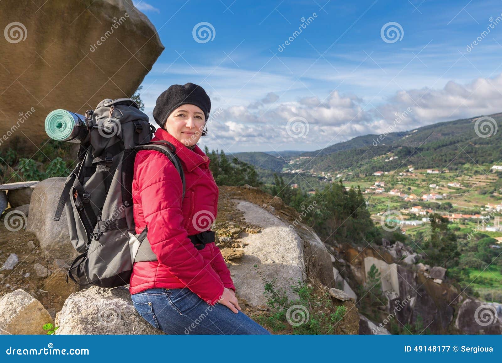 Girl with a Backpack in a Hike. Stock Image - Image of hill, activity ...