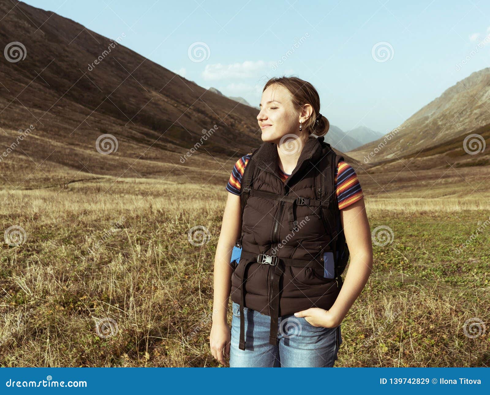 Girl with a Backpack in a Mountain Hike Stock Image - Image of nature ...