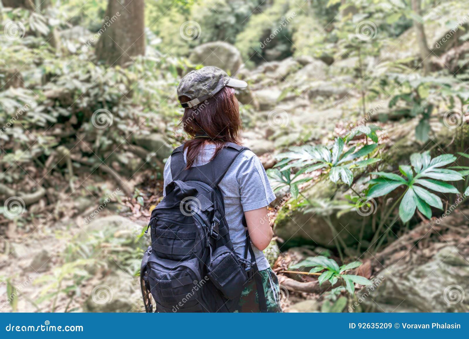 Girl with Backpack on Trekking Trip, Alone in the Trail Stock Image ...