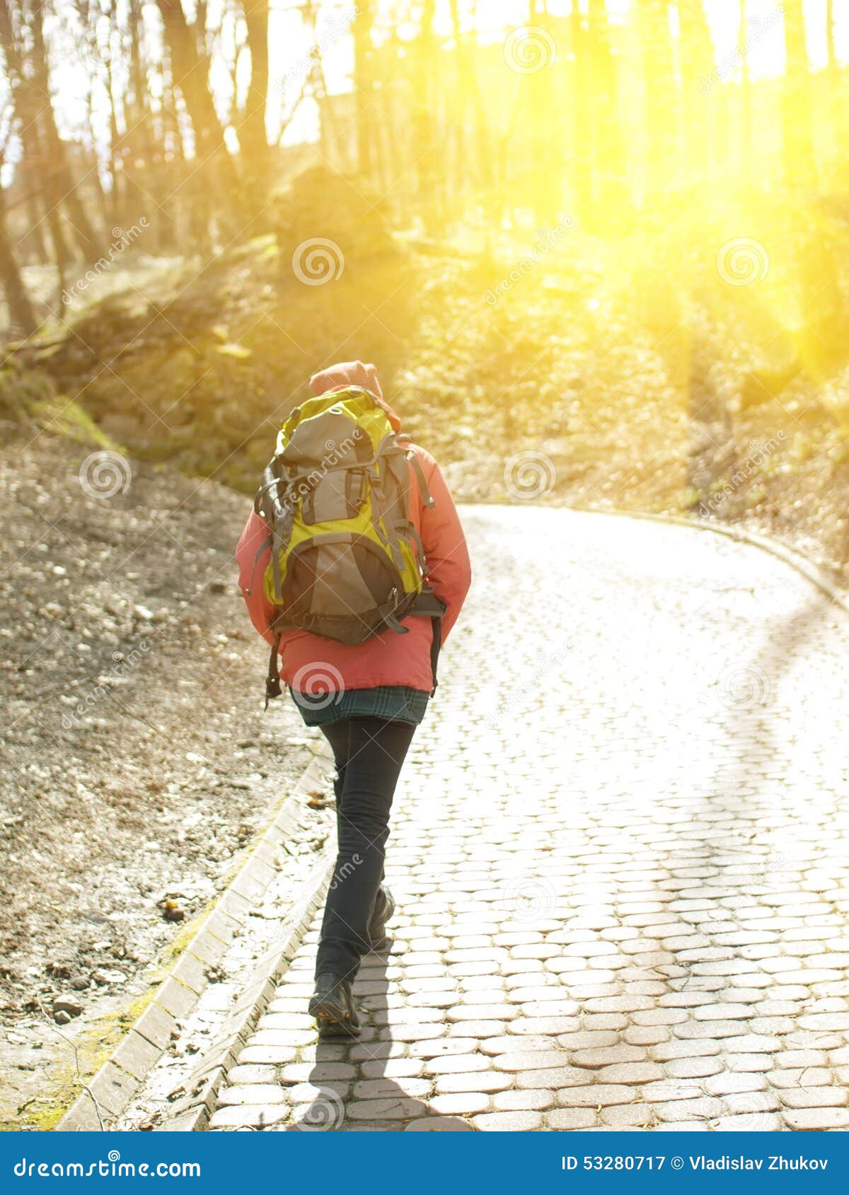 Girl with Backpack Walking in the Park. Stock Image - Image of ...