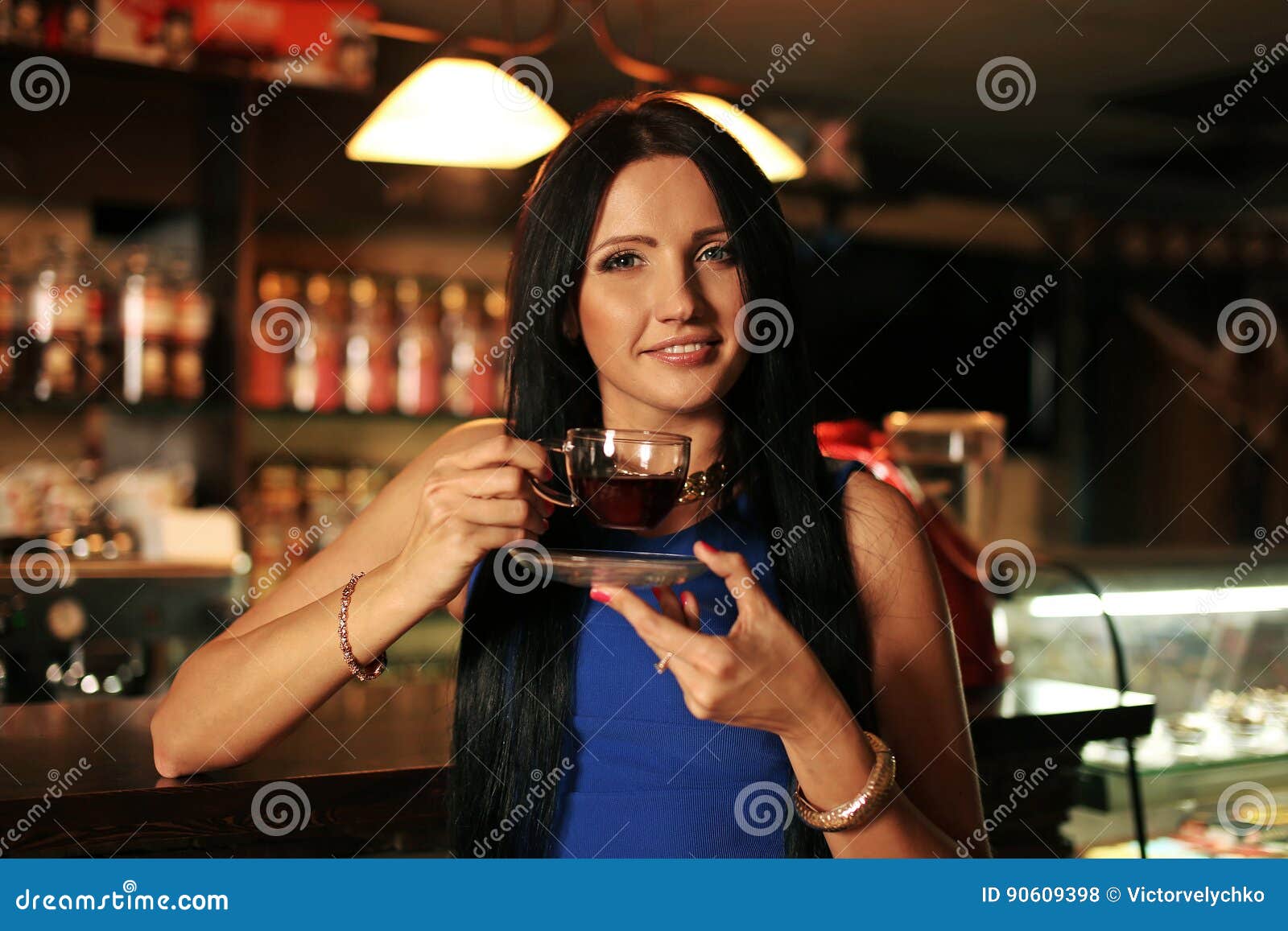 Girl at the bar stock photo. Image of cheerful, blue - 90609398