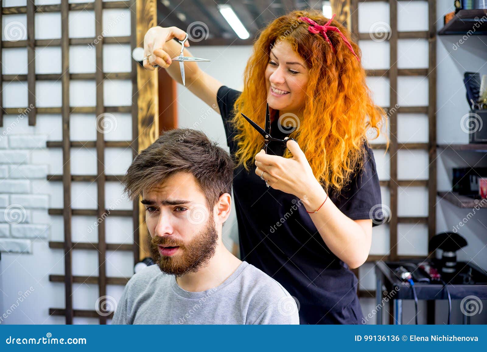 Girl barber is at work stock photo. Image of cutting - 99136136